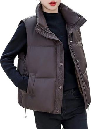 Generic Gilet sans manches &agrave; bulles pour femme, coupe courte, col montant, fermeture &eacute;clair et boutons pression, ourlet &agrave; cordon, couleur caf&eacute;, taille M
