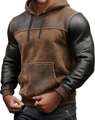 Generic Sweat à capuche pour homme avec épaules perforées et poche avant et cordon de serrage, style rétro vintage pour vêtements de rue décontractés (marron,