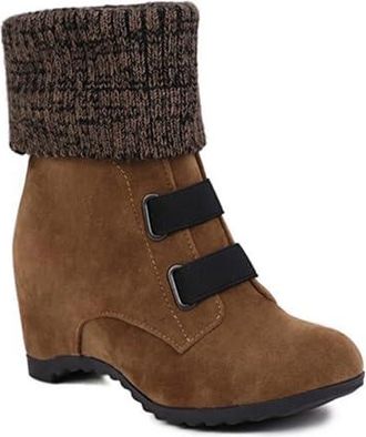 Generic Bottines élastiques larges pour femme - Bout rond - Talons compensés cachés - Escarpins habillés - Chaussures dhiver chaudes en peluche, kaki, 39.5 EU