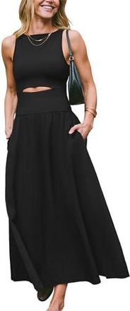 Cupshe Robe dété pour femme 2025 formelle sans manches avec col rond et poches découpées, noir, Taille XS