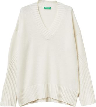 Benetton Damen Maglia Scollo V M/L 1244d403a Pullover, Wei&szlig;, XL