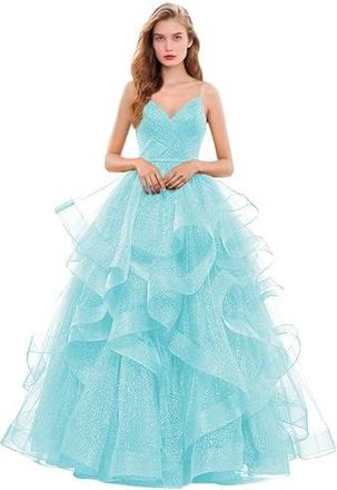 Generic Robe de bal en tulle pailleté avec col en V et bretelles spaghetti, robe de demoiselle dhonneur, robe de soirée formelle longue à étages, bleu bébé, 4