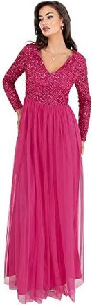 Maya Womens Ladies Dress Sleeve for Wedding Guest V Neck High Empire Waist Maxi Long Length Evening Bridesmaid Prom Robes, Fuschia, 36 aux Femmes