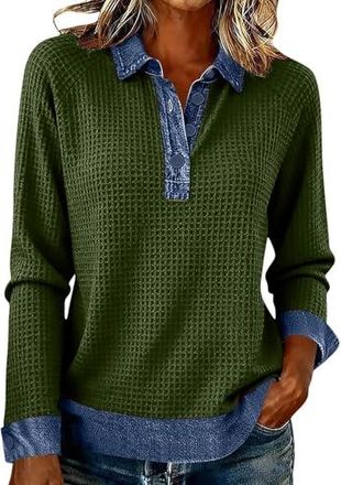 Generic Sweatshirts en denim patchwork pour femme - Col &agrave; revers - Sweat boutonn&eacute; - Chemise en jean - Tricot gaufr&eacute; - Pull &agrave; manches longues - Polo &agrave; manches 