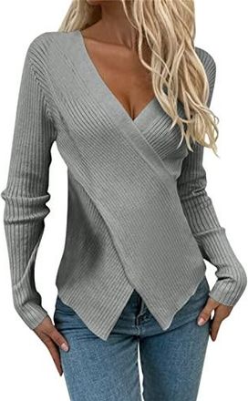 Generic Hauts tricot&eacute;s pour femmes, sweatshirts &agrave; manches longues et col en V, tricot crois&eacute; d&eacute;contract&eacute;, couleur pure, pull &agrave; manches longues, pull &eacute;l&eacute;gant p