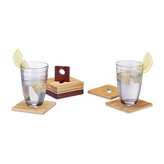 Relaxdays Natur Bambus Untersetzer Set, 6 Glasuntersetzer mit Halter, abwischbare Tischuntersetzer BxT: 10 x 10 cm, Standard