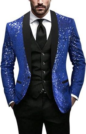Minetom Blazer &Agrave; Paillettes pour Homme Brillant Coupe Ajust&eacute;e Un Bouton Veste De Costume pour Les F&ecirc;te Mariage Affaires Disco Party Club A Bleu XL