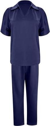 Generic Ensemble deux pi&egrave;ces pour femme haut maille manches courtes et pantalon large avec cordon de serrage confortable &eacute;l&eacute;gant