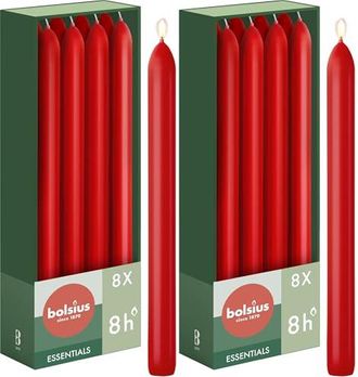 Bolsius 8 bougies coniques - Rouge - 23 cm - Longue dur&eacute;e de combustion de 8 heures - Sans parfum - 25% cire naturelle v&eacute;g&eacute;talienne - Sans huile de palme - Va