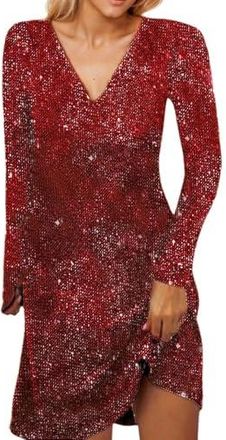 Generico Robes en velours pour femme pour le r&eacute;veillon du Nouvel An Robe brillante &agrave; paillettes &agrave; manches longues au genou Col en V &Eacute;l&eacute;gante douce et festive, 