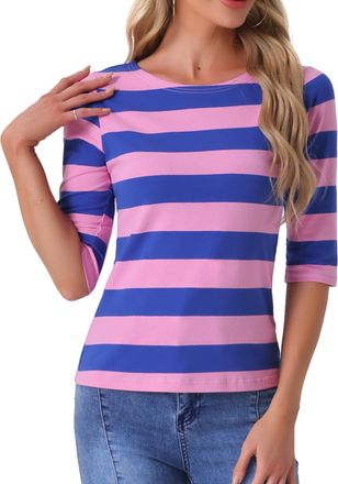 Allegra K Damen Gestreiftes Shirt U Boot Ausschnitt Halbarm Party Ferien Streifen Top Bluse Pink Blau XS