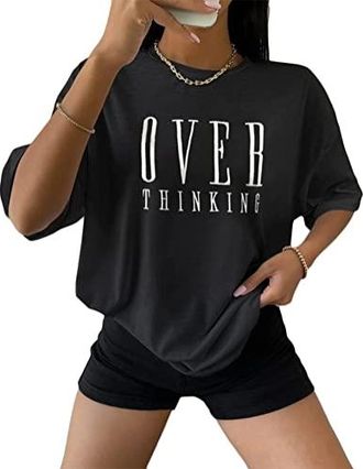 TOMWELL T-Shirt Oversize à Col Rond pour Femme à Manches Courtes Lettres Imprimé T Shirt Haut Dété Décontracté Chemise Chic T-Shirts Blouse Sport Lâches Top T