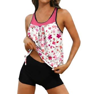 Generic Maillot de bain tankini deux pi&egrave;ces pour femme avec short boyleg - Contr&ocirc;le du ventre - Taille haute - D&eacute;bardeur de bain vintage &agrave; imprim&eacute; floral - Po