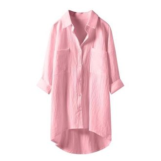 Generic Chemisier en lin pour femme - Manches longues - &Eacute;l&eacute;gante chemise en lin avec boutons - Chemisier confortable pour femme - Revers - Chemisier d&eacute;t&eacute; l&eacute;ge