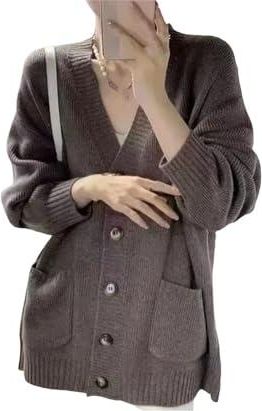 Generic Pull d&eacute;contract&eacute; dhiver &agrave; manches longues en tricot avec poche pour femme avec col en V, marron, Taille XS