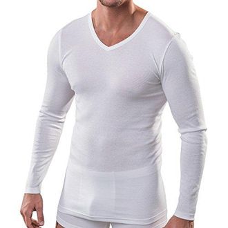 Hermko 164680 T-Shirt Manches Longues Homme avec col V en Coton/Modal, Taille:8 (XXXXL), Couleur:Blanc
