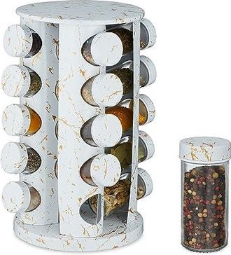 Relaxdays Gewürzkarussell, 20 Gewürzgläsern, Streueinsatz, 360° drehbar, Gewürzbar, HxD 33,5 x 19 cm, Marmoroptik, weiß