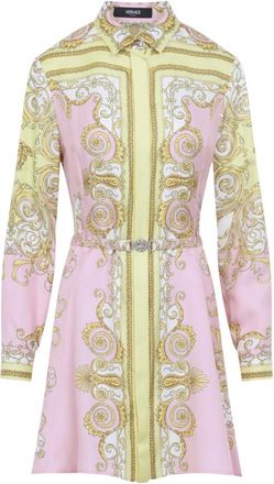 Versace Femme, Robes, Multicolore, Taille: 38 FR Mini robe chemise &agrave; manches longues en twill de soie avec imprim&eacute; Spring Barocco et ceinture Medusa amovible