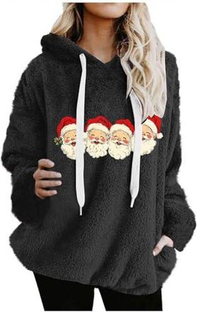 Generic Sweat à capuche de Noël léger pour femme, doublure en polaire pelucheuse, imprimé amusant, col rond, manches longues, pull de vacances pour entraîneme