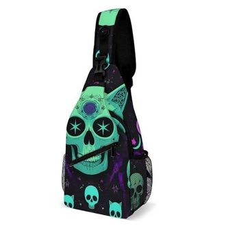Generic Sacoche Tactique Chat gothique trippant dHalloween Cr&acirc;ne noir Casual Sac &agrave; Bandouli&egrave;re R&eacute;glable Crossbody Bag pour Voyage Camping Homme