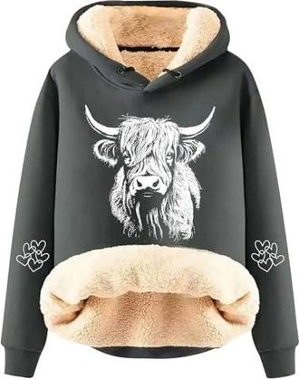 Generic Haut de No&euml;l pour femme avec doublure en polaire Sherpa - Pull de No&euml;l &agrave; motif vache des Highlands - Joli cowgirl de No&euml;l - Pull &eacute;pais pour lhiver - D