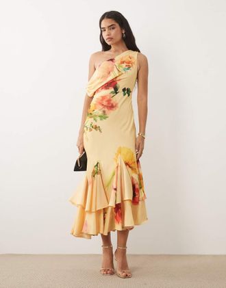 Asos Robe longueur mollet &agrave; fleurs avec &eacute;paules tombantes et ourlet asym&eacute;trique &agrave; godets-multicolore