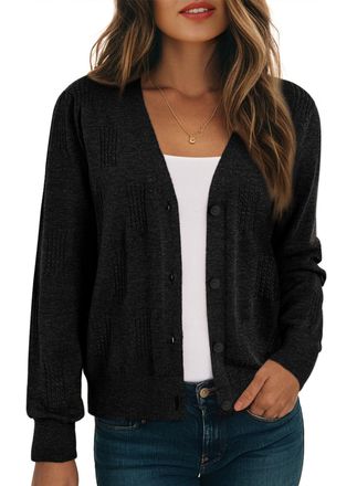 Dokotoo Damen Strickjacke Elegant V-Ausschnitt Kurzer Cardigan Langarm Leichter Strickpullover mit Knopf, schwarz, 2XL