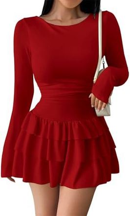 Generic Robe de printemps &agrave; manches longues pour femme, col montant, fronc&eacute;, volants, v&ecirc;tements moulants, couleur unie, coupe ajust&eacute;e, mini robe &eacute;l&eacute;gante, Rou