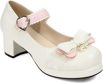 Generic Femmes Lolita Escarpins De Mariée Doux Bas Bloc Talon Chaussures De Mariage Pearl Bow Kawaii Cosplay Chaussures,Blanc,36 EU