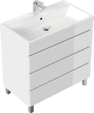 Magnolia Home Stand Badm&ouml;bel Via 80 SoftClose mit DREI grifflosen Schubladen Farbe Weiss Hochglanz