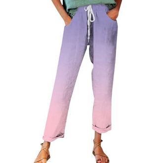 Generic Pantalon Leger Ete Femme Fluide Large en Lin &Eacute;t&eacute; Pantalon Court en Lin pour Femme Grande Taille Taille Haute Jambe Large Longueur Cheville Ray&eacute; pour L