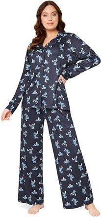 Disney Pyjama Femme Stitch, Ensemble de Pyjama Long Boutonné Devant, Vêtements de Nuit Femme Fille Ado Tailles S-XL (Bleu, XL)