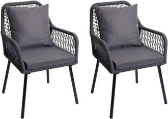 Hhg 2er-Set Gartenstuhl HHG 475, Outdoor Sitz-/R&uuml;ckenpolster Aluminium Seilgeflecht Rope anthrazit, Bezug dunkelgrau