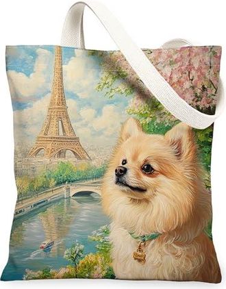 Generic Sac fourre-tout en toile motif chien de Pom&eacute;ranie printanier 33 x 38,1 cm, tour romantique, sac d&eacute;picerie r&eacute;utilisable pour femme, animal de compagnie