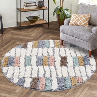 Carpet City Teppich Hochflor Wohnzimmer - 200x200 cm Rund - Modern Geo-Muster Mehrfarbig - Cut-Loop, Hochtief, 3D-Effekt - Shaggy Teppiche Flauschig-Weich Schlafz