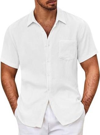 Generic Chemise en coton et lin pour homme - Chemise &agrave; manches courtes de couleur unie - Chemise d&eacute;t&eacute; d&eacute;contract&eacute;e pour homme - Coupe ample - Chemise boutonn&eacute;