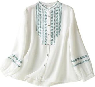 Generic T-shirt pour femme printemps nouveau style ethnique r&eacute;tro temp&eacute;rament broderie ample et confortable Chemise fine &agrave; manches longues Top, Blanc., 3XL