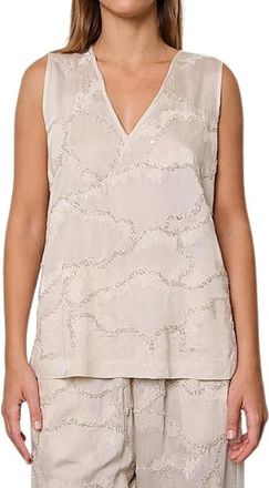 Kaos Kaos, Femme, Tops, Beige, Taille: 40 FR Top sans manches brod&eacute; &agrave; col en V