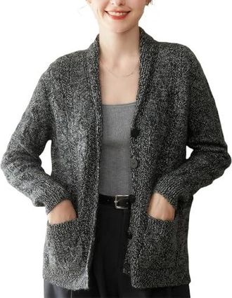Generic Cardigan ouvert en cachemire pour femme - Tricot torsad&eacute; - &Eacute;pais et chaud - Col en V - Manches longues, Noir chin&eacute;, XS