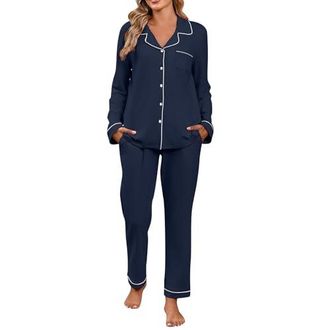 Generic Ensemble de v&ecirc;tements de d&eacute;tente pour femme, v&ecirc;tements de nuit &agrave; manches longues avec boutons et pantalon &agrave; jambes larges, coupe r&eacute;guli&egrave;re, &eacute;l&eacute;gant im