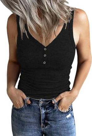 Zeagoo D&eacute;bardeur Femme Chic et &Eacute;l&eacute;gant Tank Top sans Manches Top Haut D&eacute;t&eacute; Col en V T-Shirt Boutons Basique Henley Shirts Casual Femme Tops Noir XXL