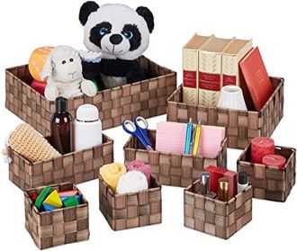 Relaxdays Aufbewahrungskorb, 8er Set, 4 Größen, Körbchen in Holzoptik, geflochten, Schrank & Regal, Kunststoff, braun, 10,5 x 35,5 x 26 cm
