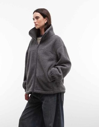 Weekday polaire borg oversize &agrave; col chemin&eacute;e zipp&eacute; en gris fonc&eacute; chin&eacute;