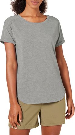 Amazon Essentials Damen Leichtes Fitness-T-Shirt mit Rundhalsausschnitt und lockerer Passform (in &Uuml;bergr&ouml;&szlig;e erh&auml;ltlich), Mittelgrau Meliert, L