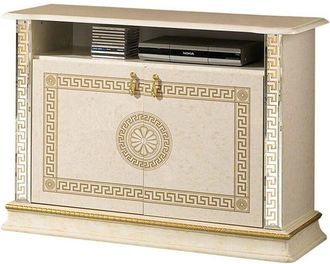 Les Tendances Meuble TV 2 portes 1 niche bois vernis laqu&eacute; brillant beige et dor&eacute; Venus 100cm