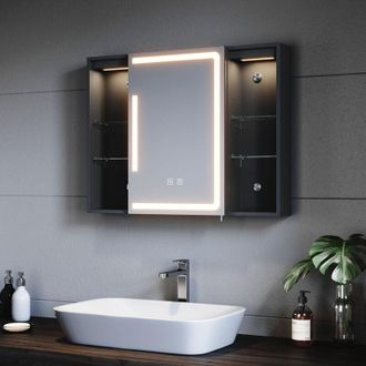 Sonni Spiegelschrank Bad mit Beleuchtung und Steckdose LED Spiegelschrank mit Touch-Schalter, 3 Einstellbare Lichtfarben Beschlagfrei, Halboffenes