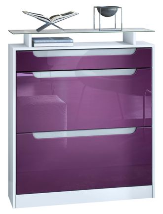 Vladon Schuhschrank Fiesta, Weiß matt/Brombeer Hochglanz/Weiß Hochglanz Schuhkipper für 16 Paar Schuhe mit 2 Klappen (89 x 104 x 23 cm)