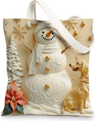Generic Sac fourre-tout en toile r&eacute;utilisable pour le shopping 33 x 38 cm, motif bonhomme de neige, chiot de No&euml;l, animal domestique, sac d&eacute;picerie r&eacute;utilisab