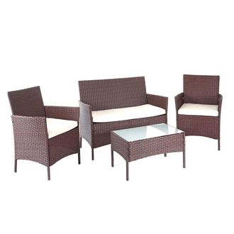 Mendler Poly-Rattan Garten-Garnitur HWC-D82, Sitzgruppe Lounge-Set - braun-meliert mit Kissen Creme