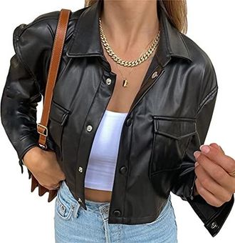Onsoyours Veste Courte pour Femme en Cuir Style Décontracté Veste en Cuir PU Bombers Moto Blouson Femme Simili Cuir Biker Zippé Chaud Casual A Noir M